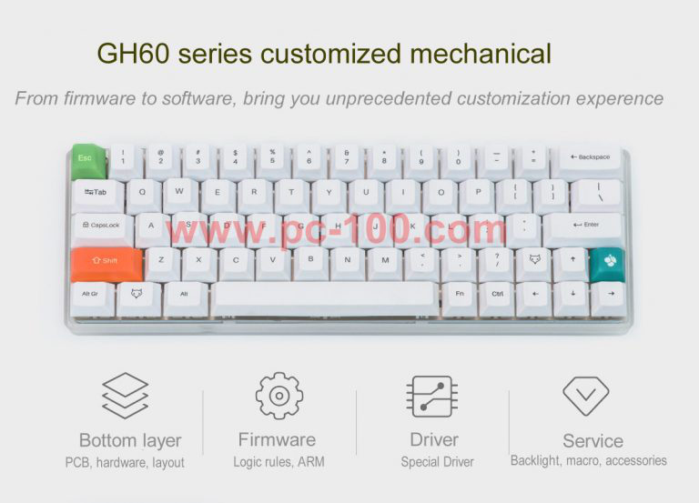 GH60 programmable mechanical keyboard with RGB back light and pluggable ...